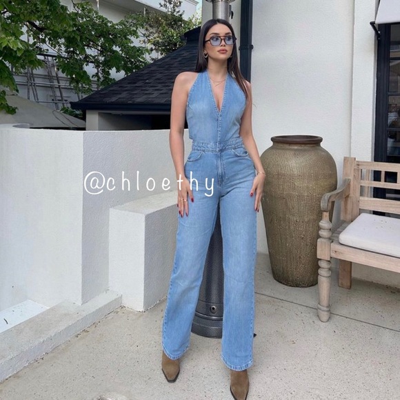 Zara | Pants & Jumpsuits | Zara Trf Denim Halter Neck Jumpsuit | Poshmark